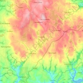 Wendron topographic map, elevation, terrain