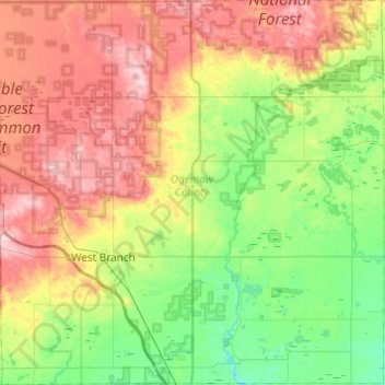 Ogemaw County topographic map, elevation, terrain