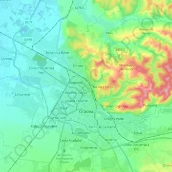 Oradea topographic map, elevation, terrain