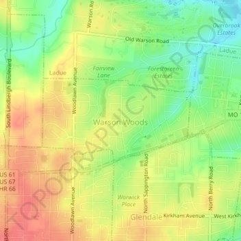 Warson Woods topographic map, elevation, terrain