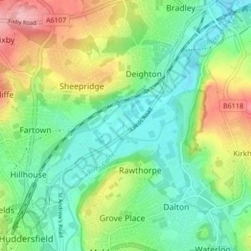 Huddersfield Broad Canal topographic map, elevation, terrain