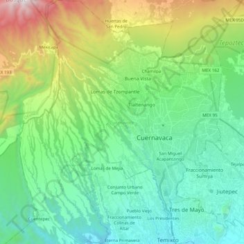 Cuernavaca topographic map, elevation, terrain