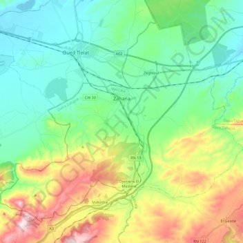 Zahana topographic map, elevation, terrain