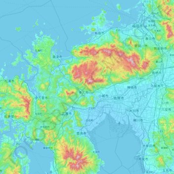 Kyushu Region topographic map, elevation, relief