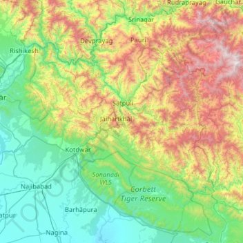 Pauri Garhwal topographic map, elevation, relief